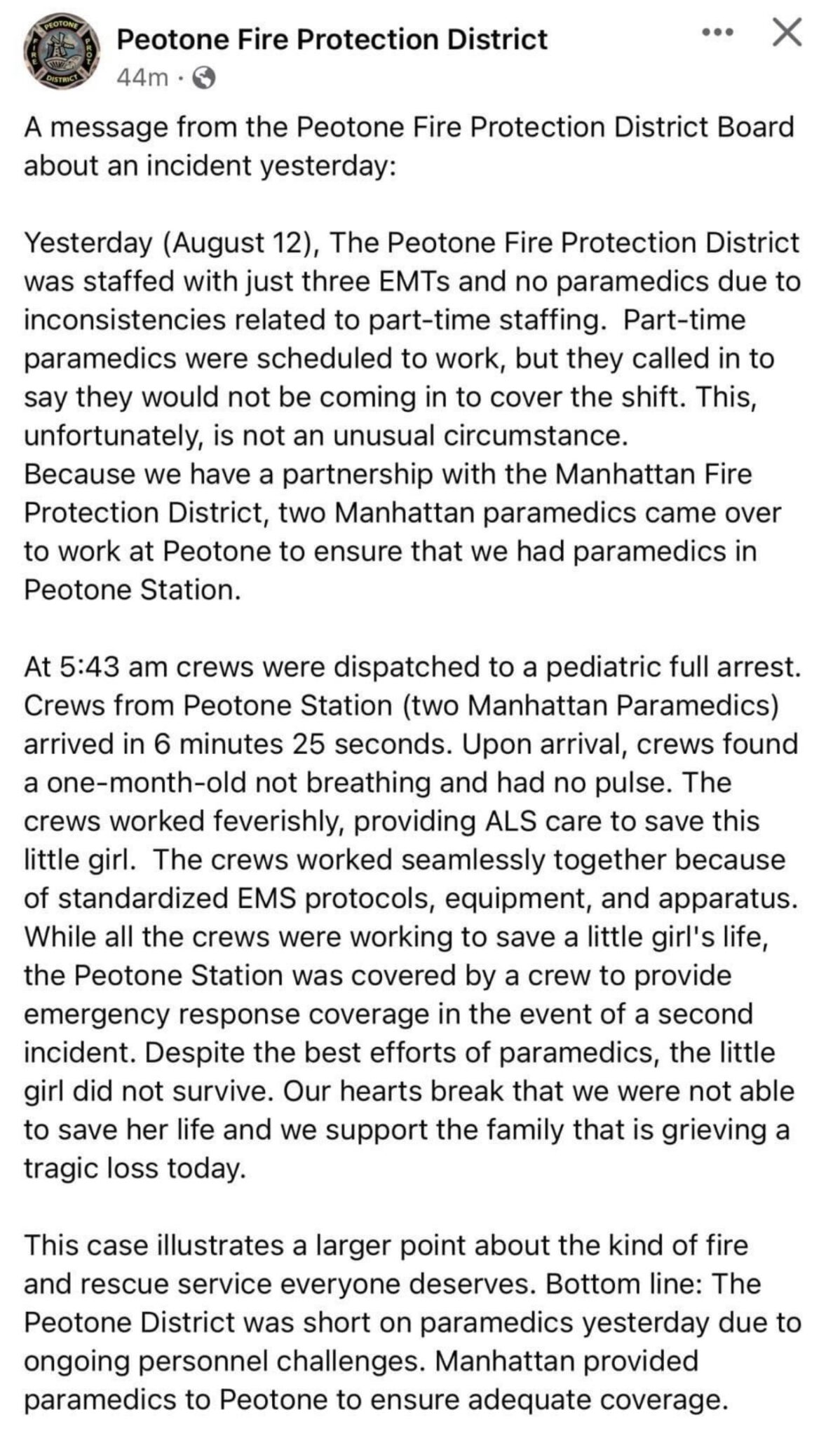 Peotone Fire apologizes after using girl’s death as example for ...