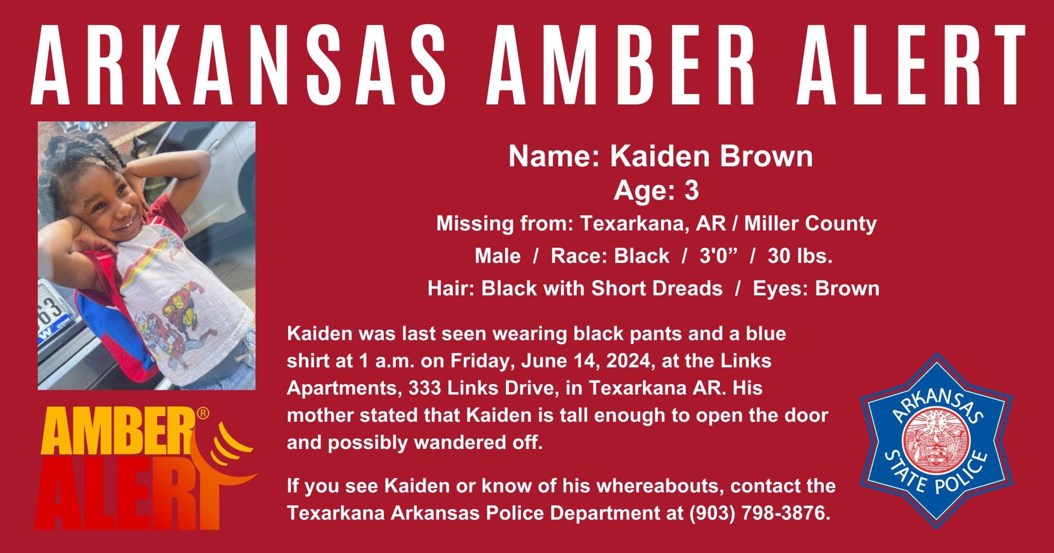 Arkansas Amber Alert: 3-Year-Old Kaiden Brown Missing from Texarkana - Country Herald